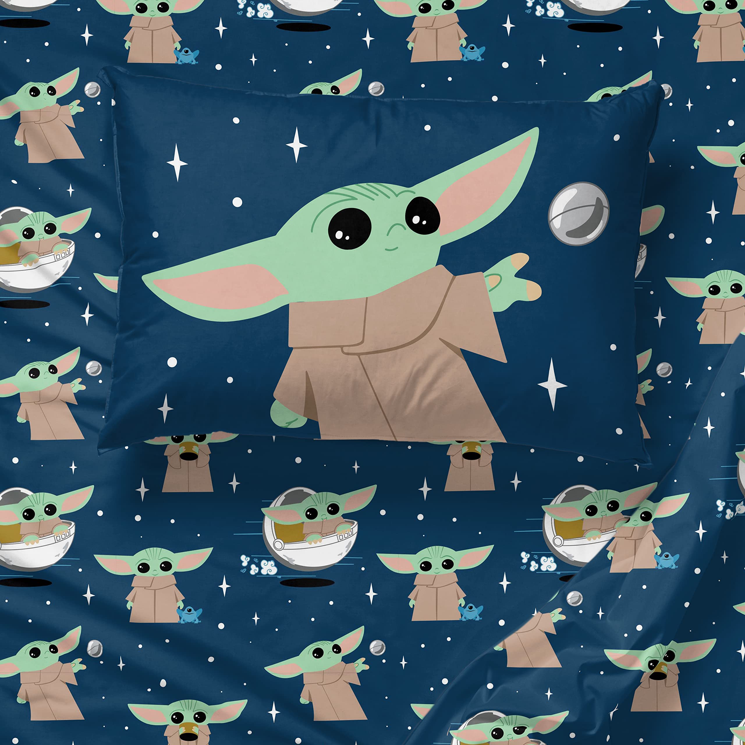 Jay Franco Star Wars The Mandalorian Hello Grogu Twin Size Sheet Set - 3 Piece Set Super Soft and Cozy Kid’s Bedding - Fade Resistant Microfiber Sheets (Official Star Wars Product)