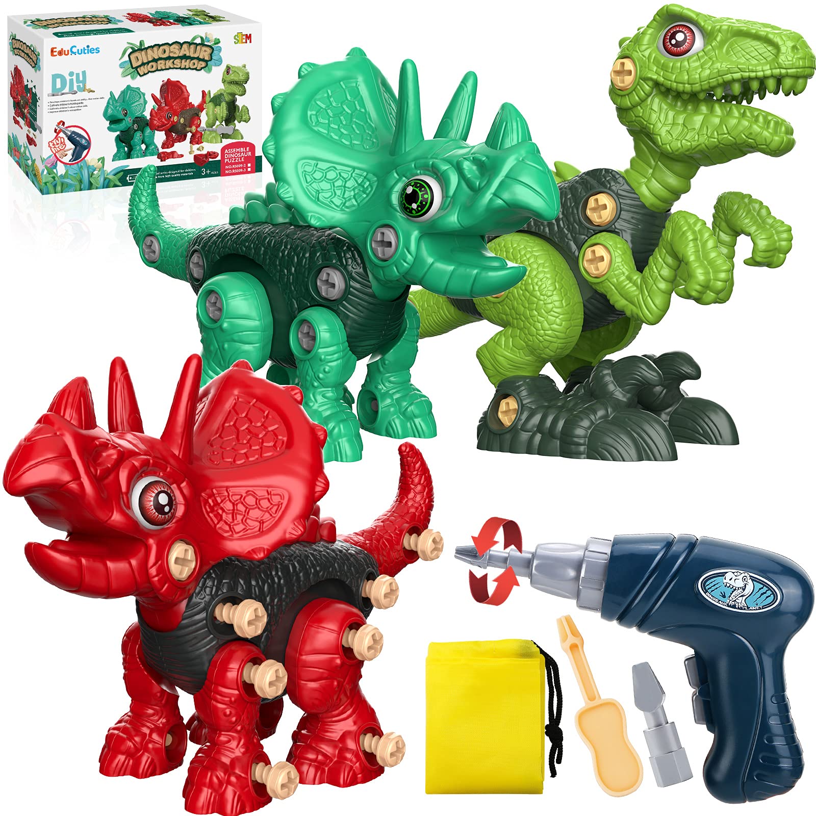 EduCuties Dinosaur Toys for Kids 3-5, Take Apart Dino Games for Boys Girls Age 5-7, Construction Building Educational STEM Sets with Electric Drill for Children Birthday Present