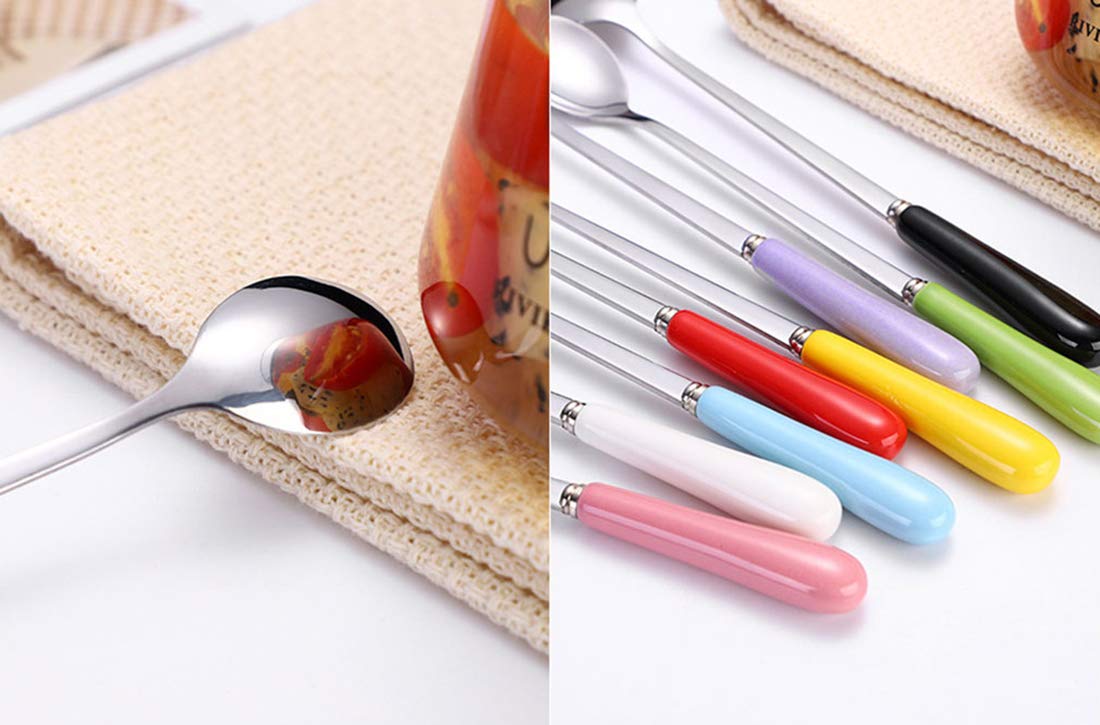 Goeielewe Set of 8 Dinner Spoons, Stainless Steel Iced Teaspoon with Ceramic Handle Soup Tablespoons Espresso Candy-Colored Coffee Spoons Mixing Spoon 5.7-Inch Long - Mixed Color