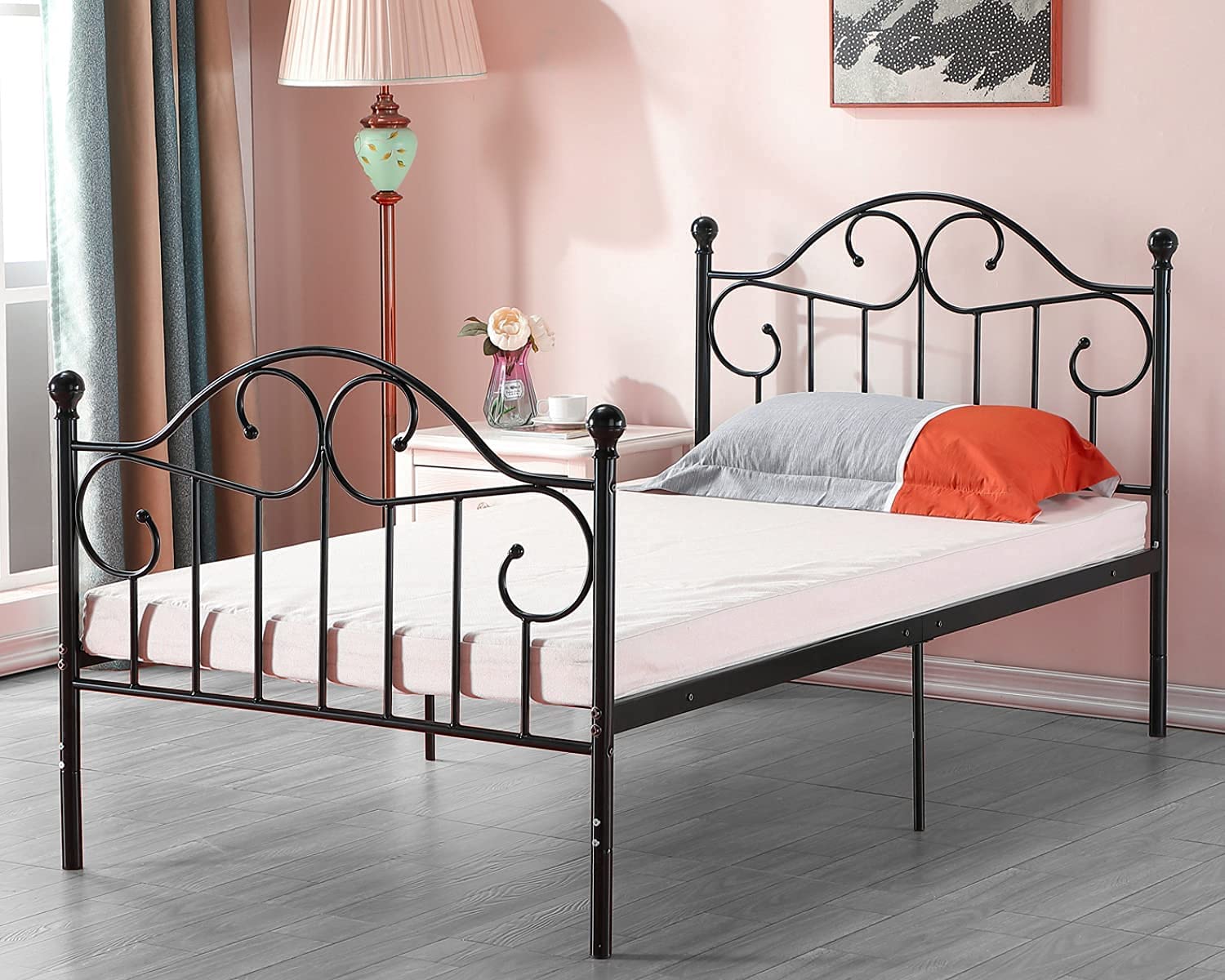 Bonnlo Twin Size Bed Frames, Decorative Metal Platform Bed Frame, Twin Bed Frames with Headboard, no Box Spring Needed, 2 Height Settings: 6” or 12”, Black