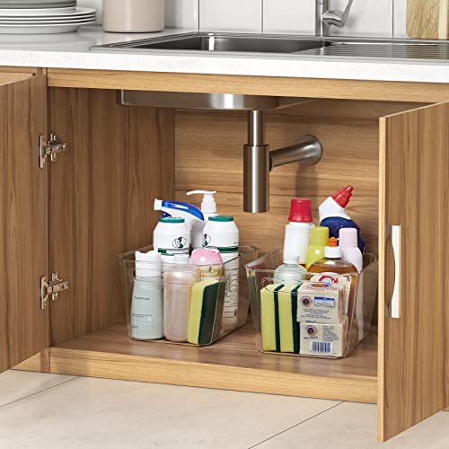 Lifewit 4pcs Large Storage Organizer Bins for Pantry Kitchen, Clear Plastic Storage Basket Set with Handle for Laundryroom Bathroom Cabinet Countertop Organize