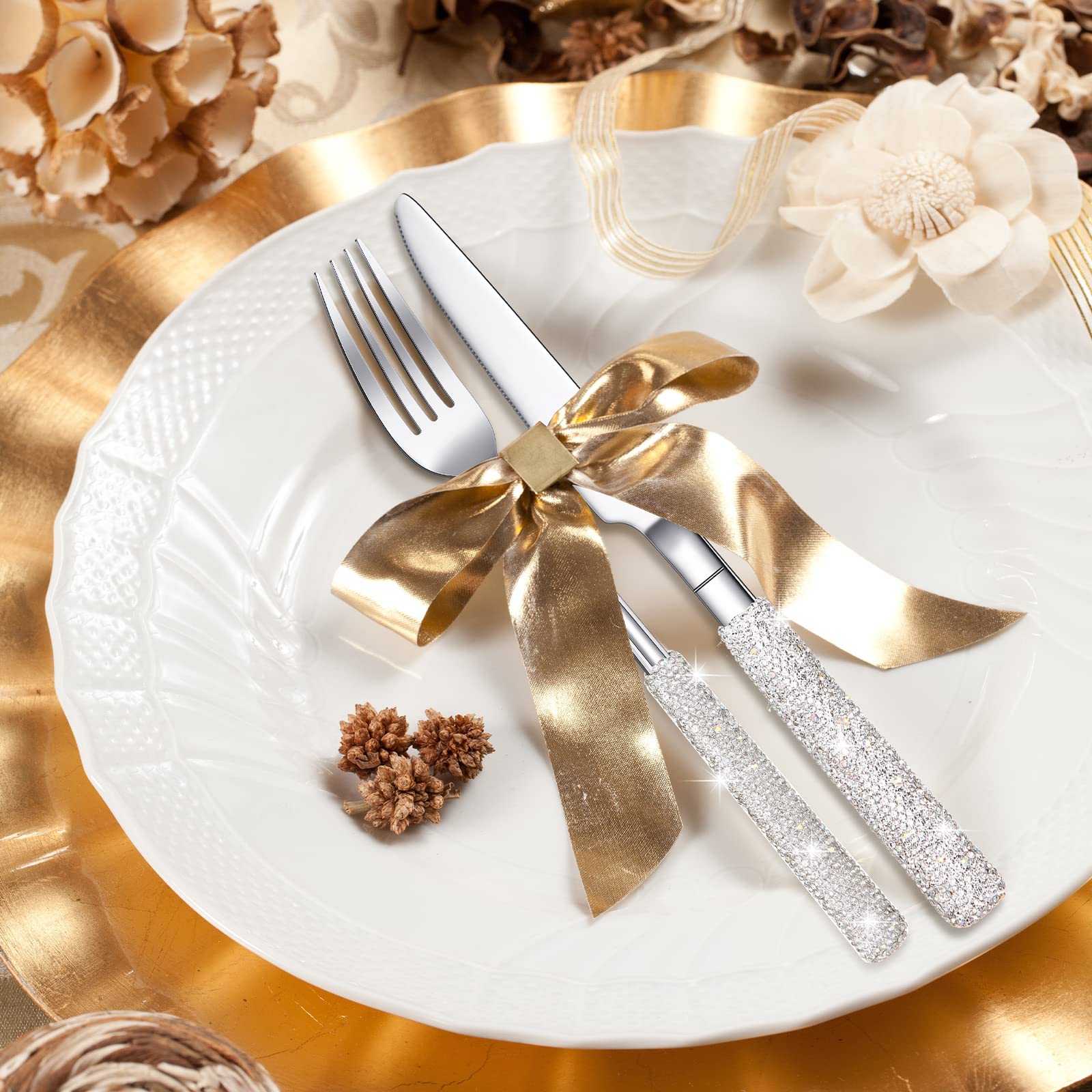 Bling Silverware Set Stainless Steel Rhinestones Knife Fork and Spoon Set Glitter Travel Cutlery Flatware Dinnerware Utensils Tableware Sets for Wedding Birthday Party Gift Silver