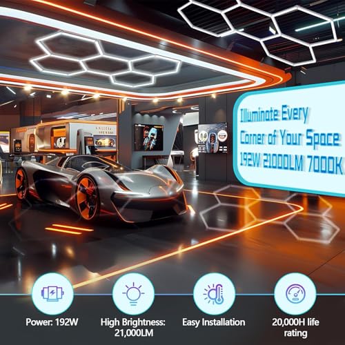 Brivulgent Larger Hexagon Led Lights for Garage Plug in 14 Grid Car Detailing 14 Hex Kit W Border Ceiling Hanging Barber Shop Electric Honeycomb Lighting (25 Pack Kit (8β x 5.5β))
