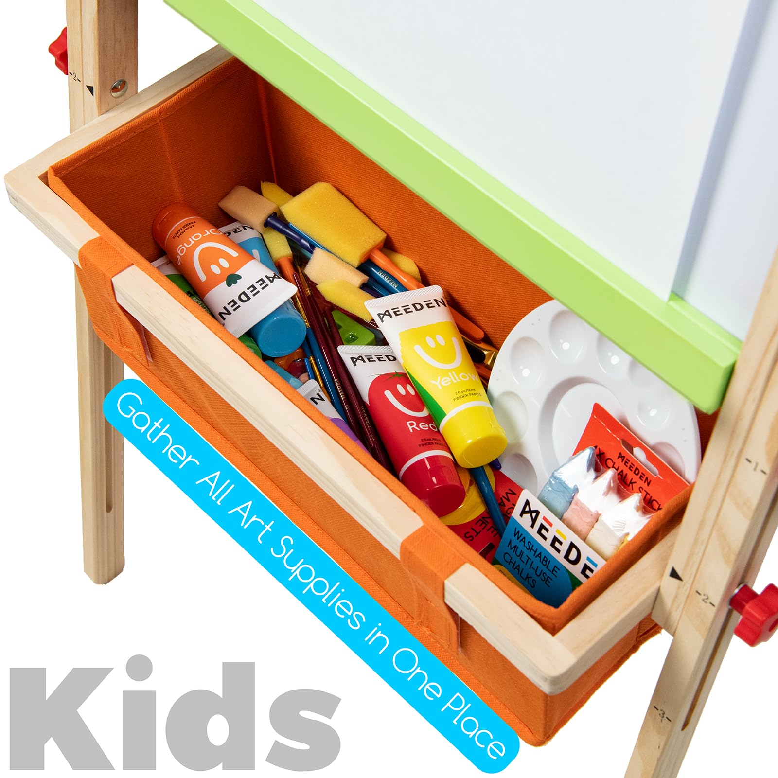 MEEDEN Easel for Kids, Double-Sided All-in-one Wooden Art Easel, Kids Art Easel Set with Paper Rolls, Magnetic Easel with Whiteboard & Chalkboard, Finger Paints, Accessories Easel for Toddlers