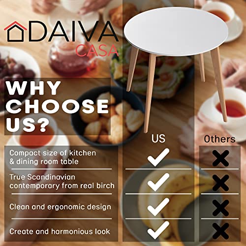 DAIVA CASA Orion Round Table for 3 Person - Birch Solid Wood Kitchen & Dining Room Furniture - Mid Century Modern Scandinavian Style β White Brown Table 35 inch