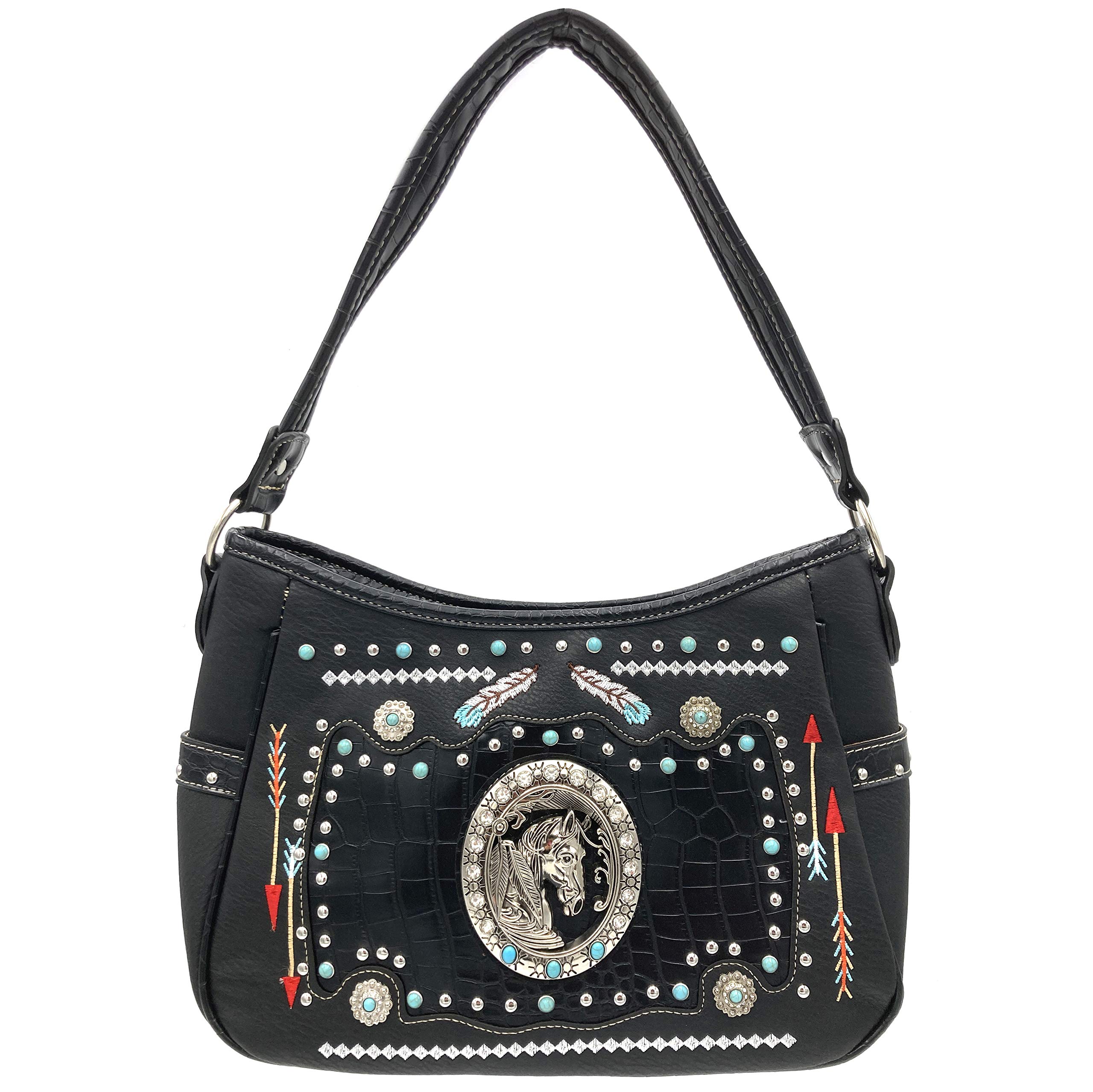 Horse Feather Tribal Embroidery Western Country Women Conceal Carry Hobo Purse (Black)