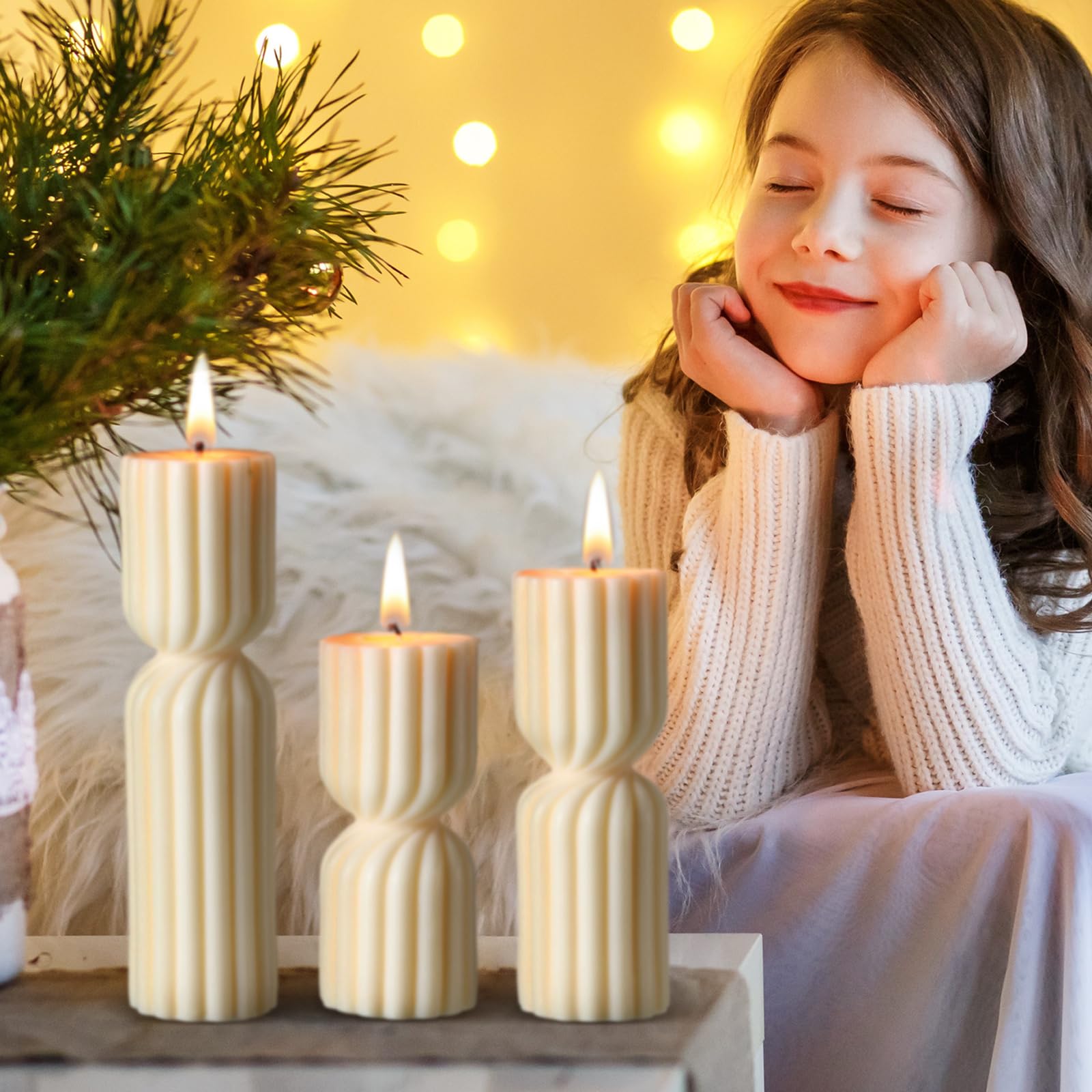Conelist 3 Pcs Ribbed Pillar Candles Handmade Scented Soy Wax Candle Natural Aesthetic Candles Housewarming Gift Decorative Candles for Home Decor, 5.5 Inch, 7 Inch, 9 Inch in Height(White)