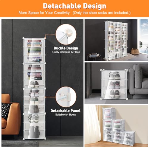 DYRABREST Portable Shoe Rack Enclosed Shoe Organizer, 72 Pairs DIY Shoe Cabinet, White Plastic Closet Shoe Organizer with Transparent Door, Free Standing Shoe Rack Expandable for High Heels, Boots