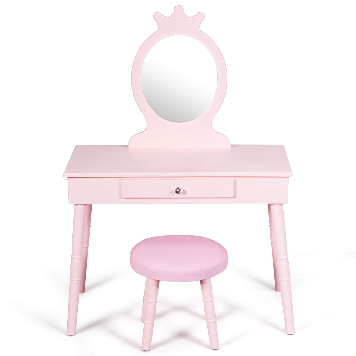 GOFLAME Kids Vanity Set, Princess Dressing Table Set, Wooden Dresser, Little Girls Makeup Table and Stool Set, Pretend Beauty Play Set with Real Mirror, Pull-Out Drawer and Cushioned Stool (Pink)