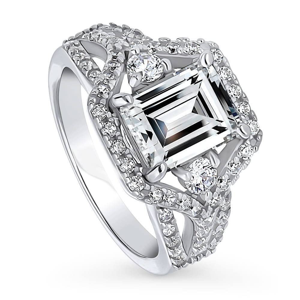 BERRICLE Sterling Silver 3-Stone Emerald Cut Cubic Zirconia CZ Statement Art Deco Cocktail Fashion Split Shank Ring for Women, Rhodium Plated Size 9