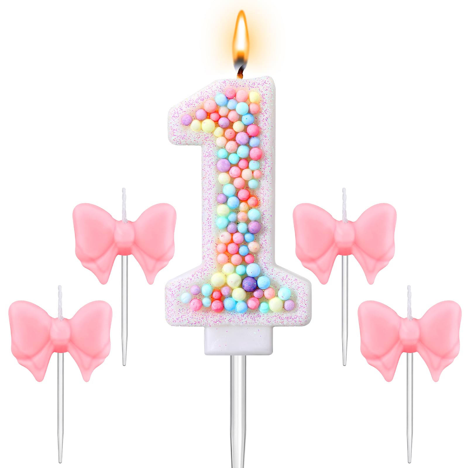 Conelist 6 Pcs 1 Birthday Candle Macaron Glitter 3D Number 1 Candles for First Birthday 2.95 Inch 1st Birthday Cake Topper with Pink Bow Shaped Candle for Party Wedding Anniversary Decoration