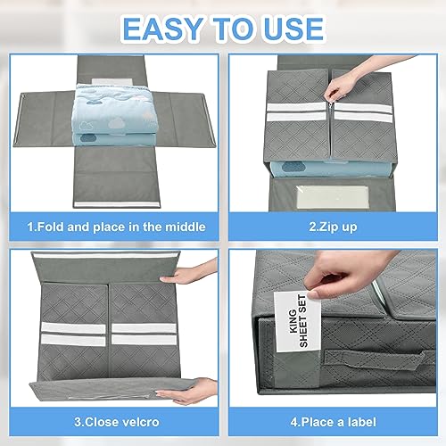 Erarrow Foldable Bed Sheet Set Organizer, Storage Box for Duvet Cover Set with Clear Window and Handles, Linen Closet Organizer for Bedding Clothes Blankets, 2 Pack (Queen or King Size),Dark Grey