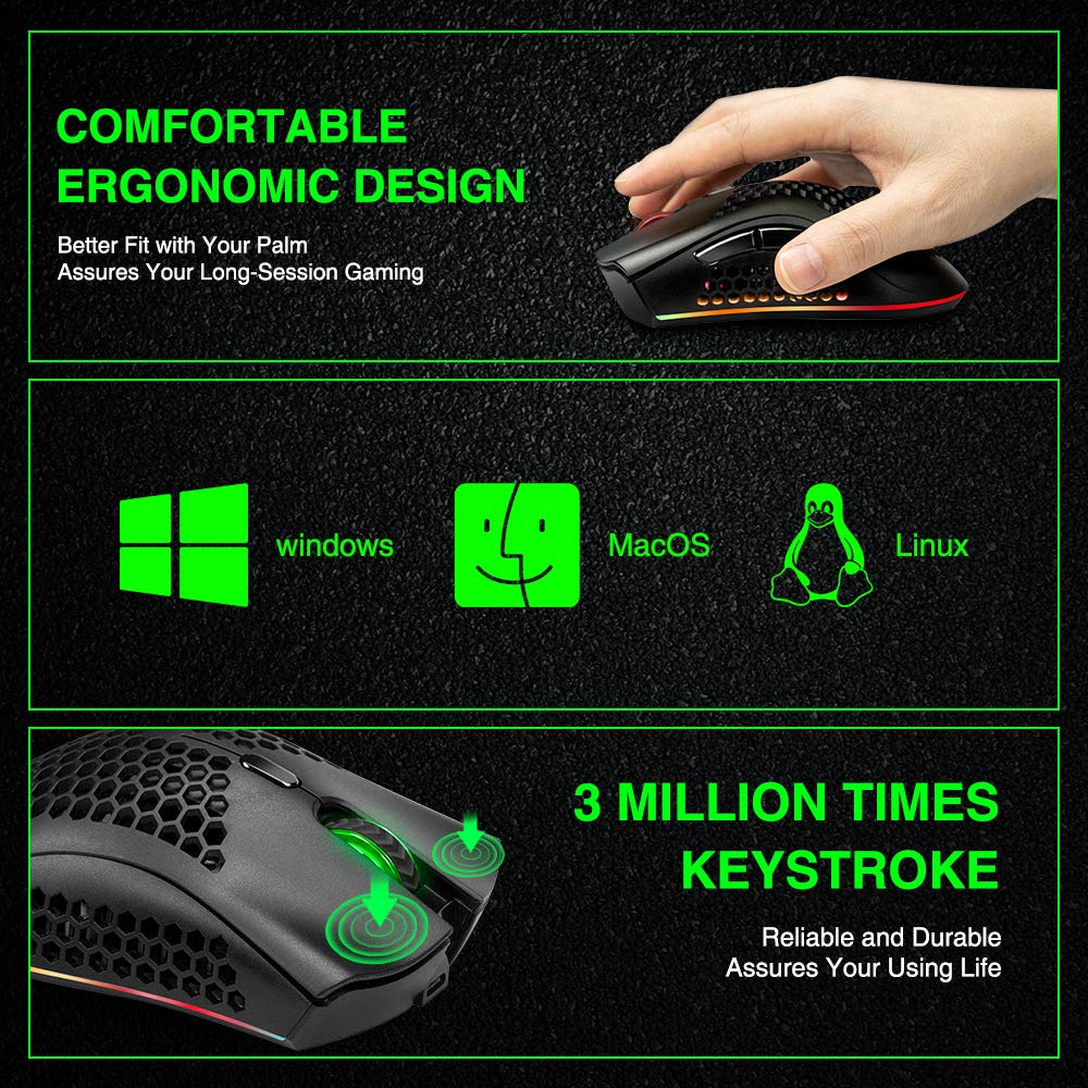 BENGOO KM-1 Wireless Gaming Mouse, Computer Mouse with Honeycomb Shell, 6 Programmed Buttons, 3 Adjustable DPI, USB Receiver, Ergonomic RGB Optical Gamer Mice Mouse for Laptop PC Mac