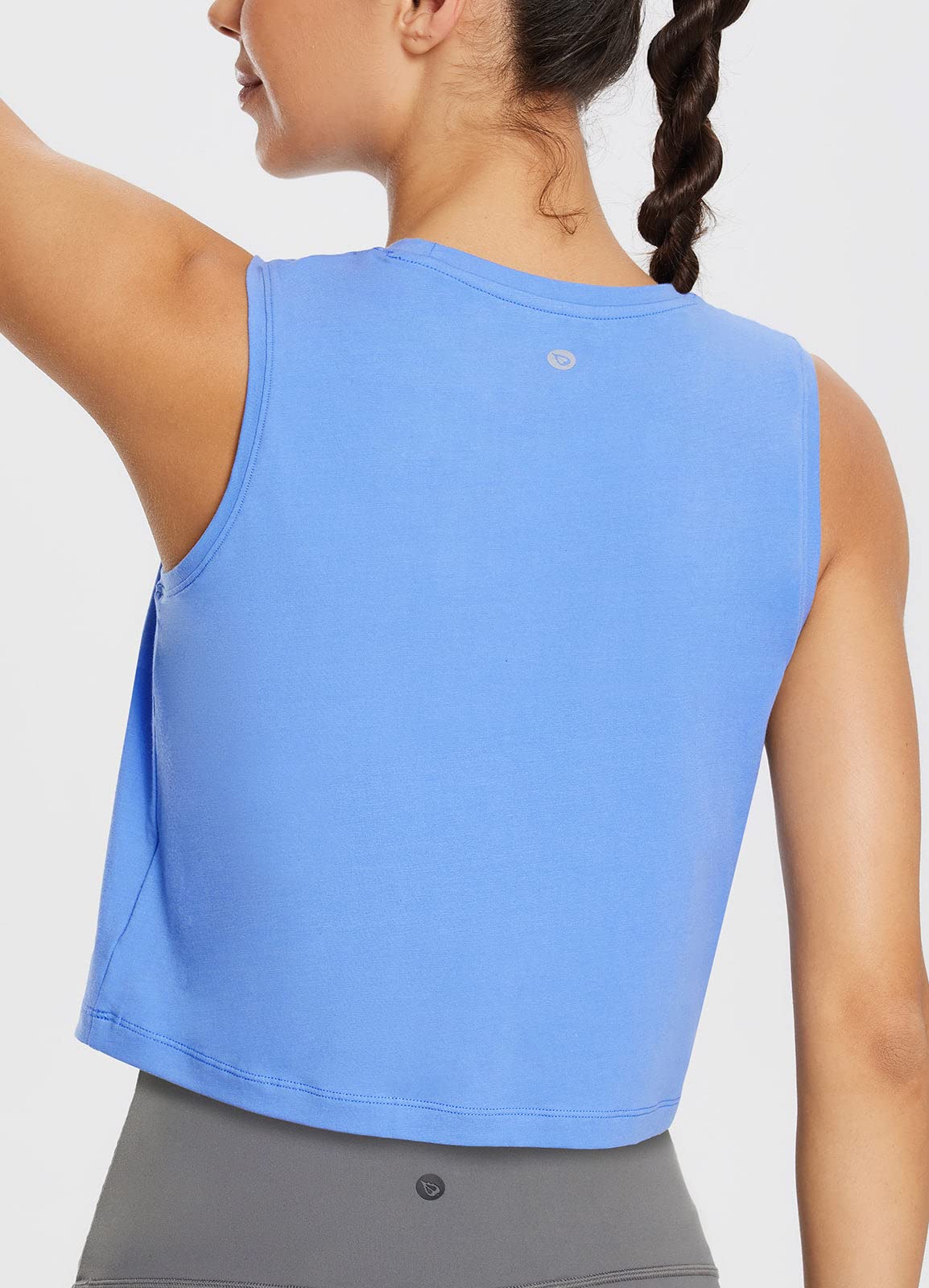 BALEAF Women's Workout Crop Tank Tops Pima Cotton Muscle Tank Sleeveless Tops Athletic Running Shirts Light Blue L