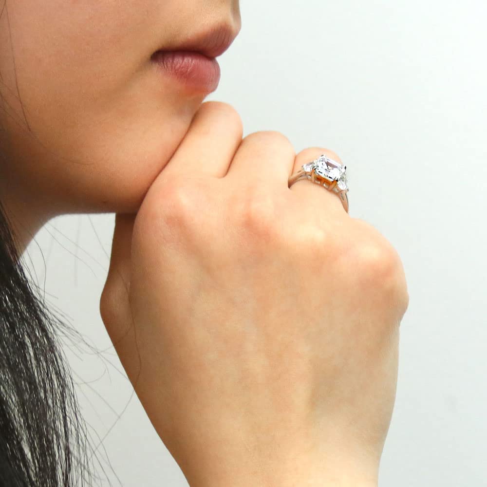 BERRICLE Sterling Silver 3-Stone Wedding Engagement Rings Asscher Cut Cubic Zirconia CZ Ring for Women, Rhodium Plated Size 8