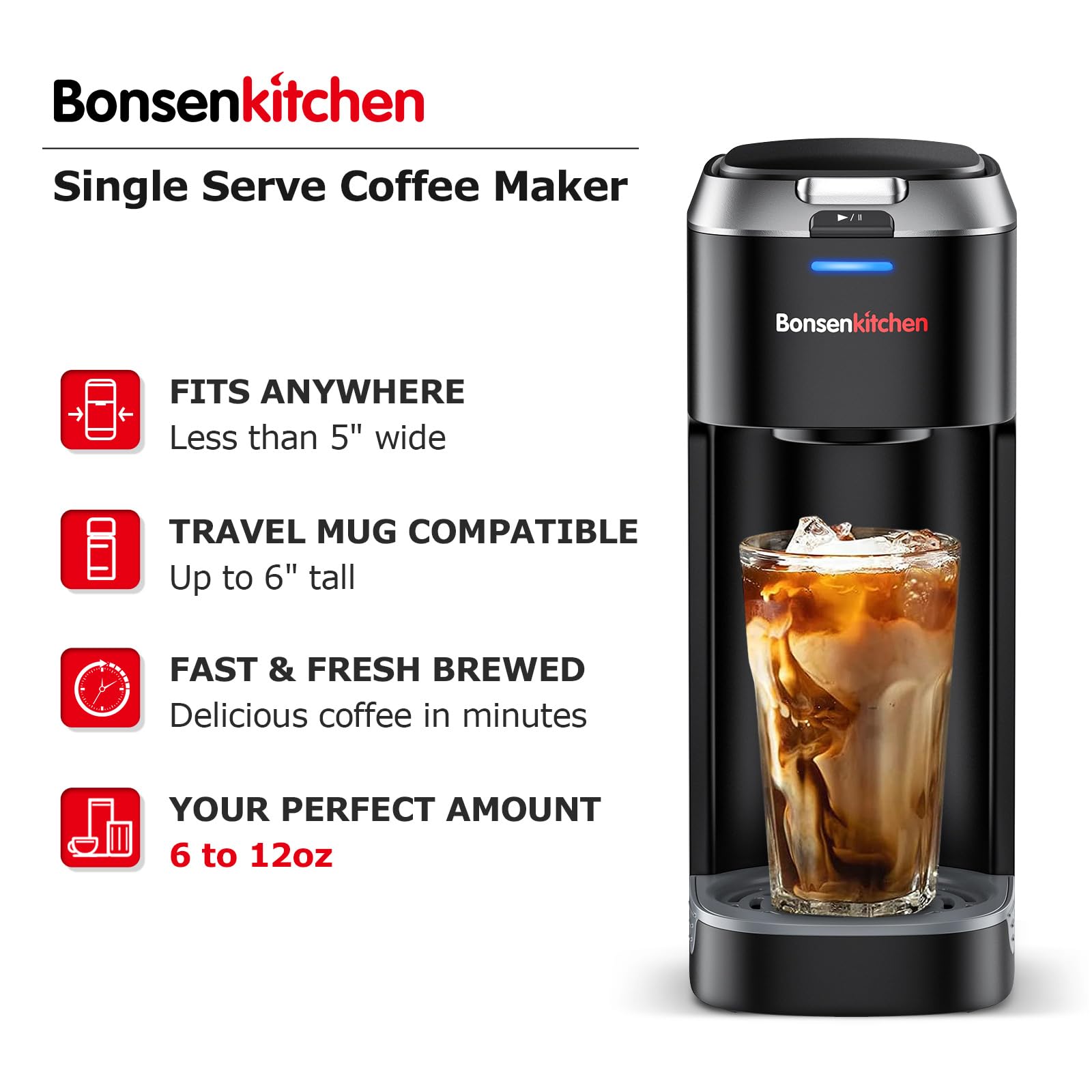 Bonsenkitchen Single Serve Coffee Maker, Coffee Brewer for K Cup Capsule, Fast Brewing Coffee Machine, 6 to 12oz Brew Sizes, Space Saving Design