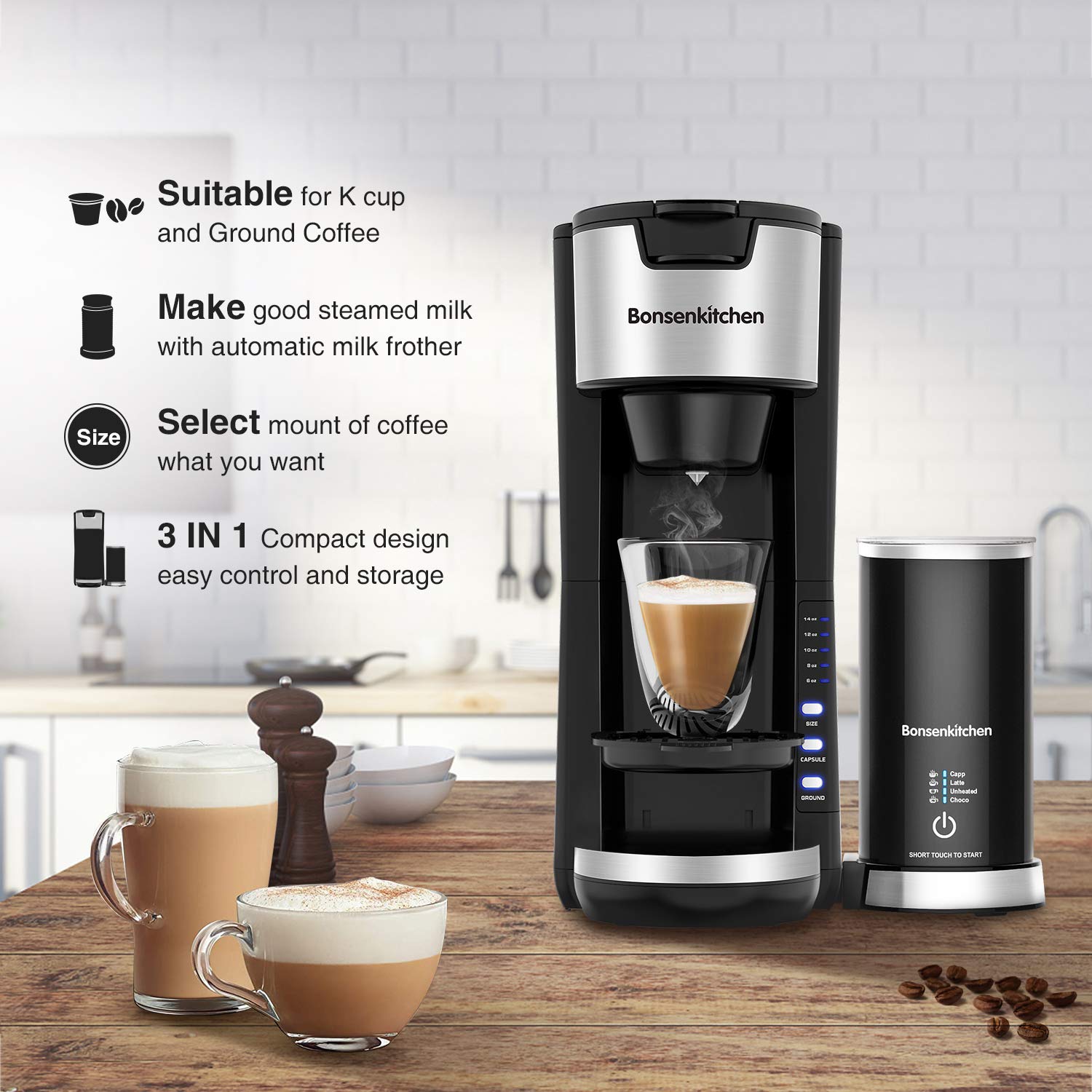 Bonsenkitchen Singles Serve Coffee Makers With Milk Frother, 2-In-1 Coffee Machine For K Cup Pod & Coffee Ground, Latte and Cappuccino Maker, Built in Portable Electric Milk Steamer
