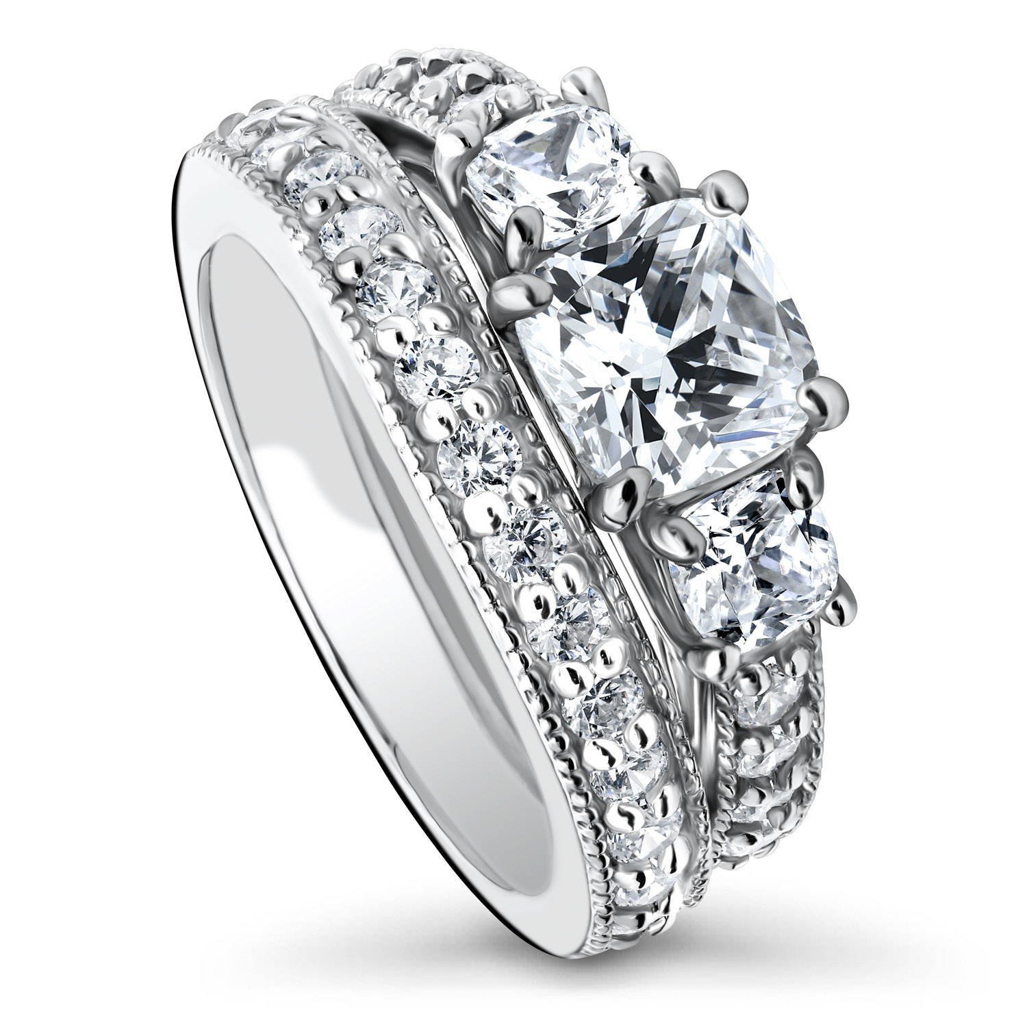 BERRICLE Sterling Silver 3-Stone Wedding Engagement Rings Cushion Cut Cubic Zirconia CZ Ring Set for Women, Rhodium Plated Size 8.5