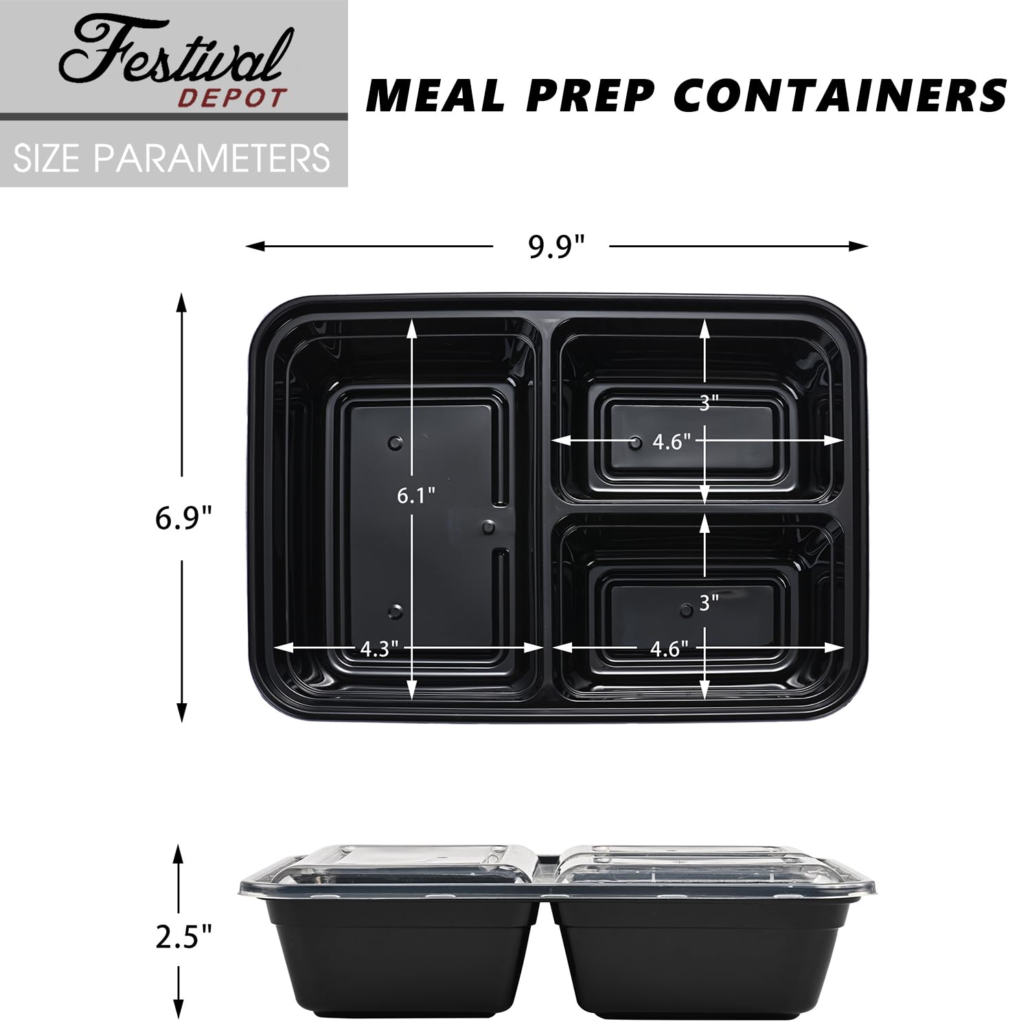 Sports Festival 22 Pack Meal Prep Containers, 43OZ Bento Box, 3 Compartment Divided Food Storage Containers Durable Stackable Reusable, For Microwave/Dishwasher/Freezer(22 Trays & 22 Lids)