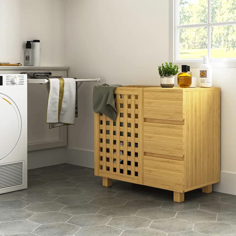 Duitrc 23" Wood Laundry Hamper Bathroom Storage Basket with 3 Drawer Bamboo Bathroom Laundry Hamper Large Storage Dirty Clothes Basket for Towels Blanket Toys in Dorm Bedroom Closet and Bathroom
