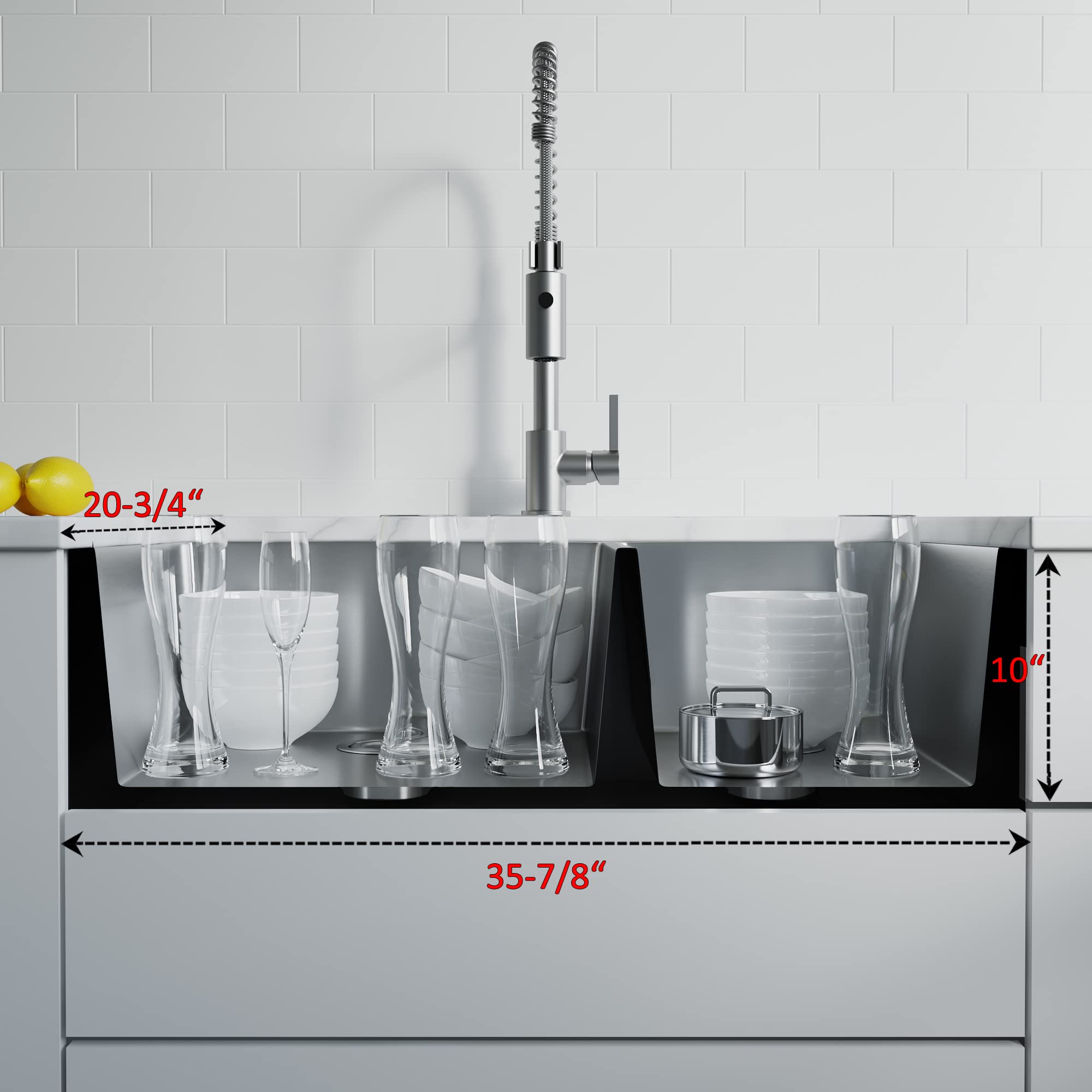 Dowell 10" Deep Apron Front Farmhouse Undermount Double Bowl 35-7/8x20-3/4 Stainless Steel Kitchen Sink (16 Gauge, 6008 3620D)