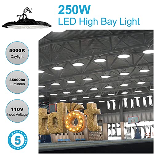 Lightdot 4Pack 250W LED High Bay Light 35000lm (Eqv.1000W MH/HPS) Commercial Bay Lighting, 5000K Daylight LED UFO High Bay with US Plug for Garage/Barn, Energy Saving Upto 1840KW*4/Y(5Hrs/Day)