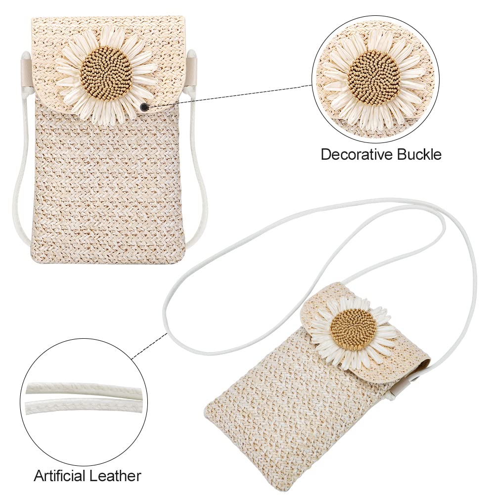 Soleebee Boho One Shoulder Crossbody Phone Bag Small Shoulder Bag Mini Wallet for Women Storage Bag Woven Leather Trim Phone Bag Compatible with Multiple Phone Sizes, Beige daisies