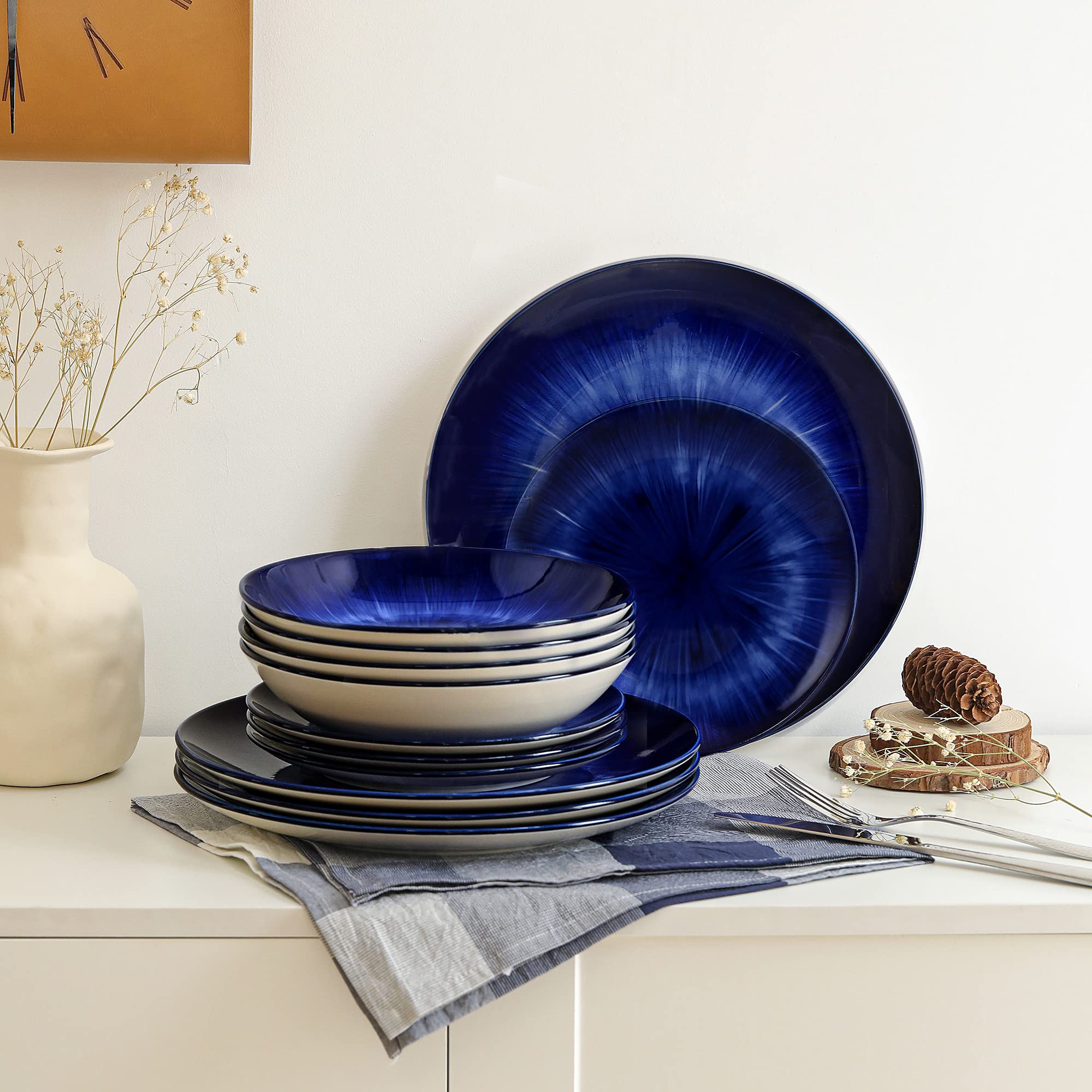 Bestone 12 Piece Round Kitchen Dinnerware Set,Plates and Bowls sets,Dishes, Plates, Bowls, Dish Set,Plates and Bowls,Service for 4, Chip Resistant Porcelain (Dark Blue)