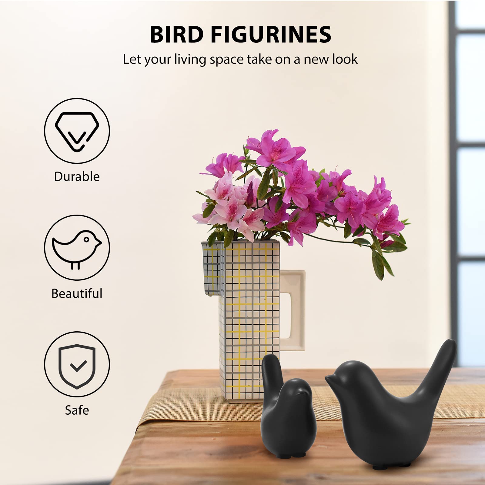 Homoyoyo 2Pcs Black Ceramic Birds Figurines, Small Animal Statues Home Decor, Modern Minimalist Animal Ornament Crafts for Home& Garden Decor