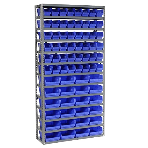 Global Industrial 13 Shelf Steel Shelving with (72) 4" H Plastic Shelf Bins, Blue, 36x12x72