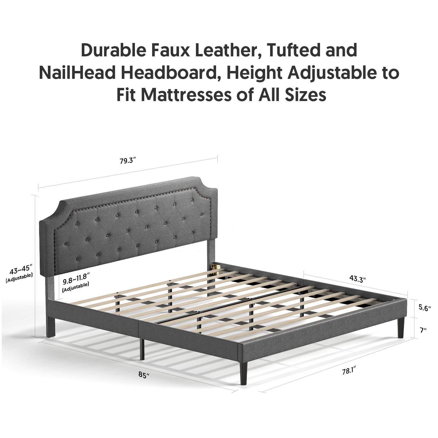 BONSOIR Queen Size Cream Color Bed Frame Upholstered Low Profile Traditional Platform with Tufted and Nail Headboard Velvet Fabric Upholstery (Cream, King Size)