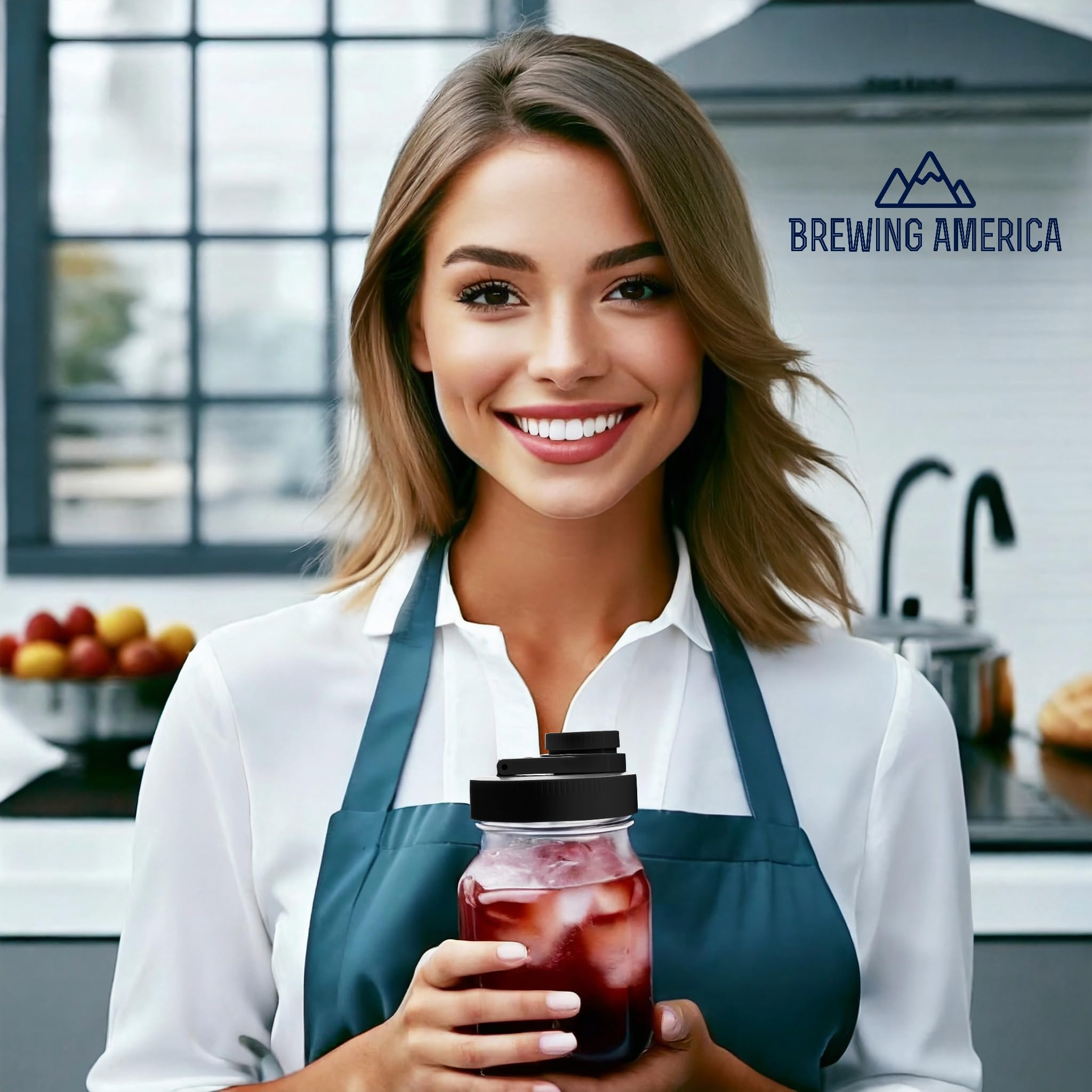 Brewing America Glass Mason Jar Pitcher with Lid - Ball Jars, 1 Quart (32 oz) with Black Wide Mouth Mason Jar Pour Lid, 2-Pack