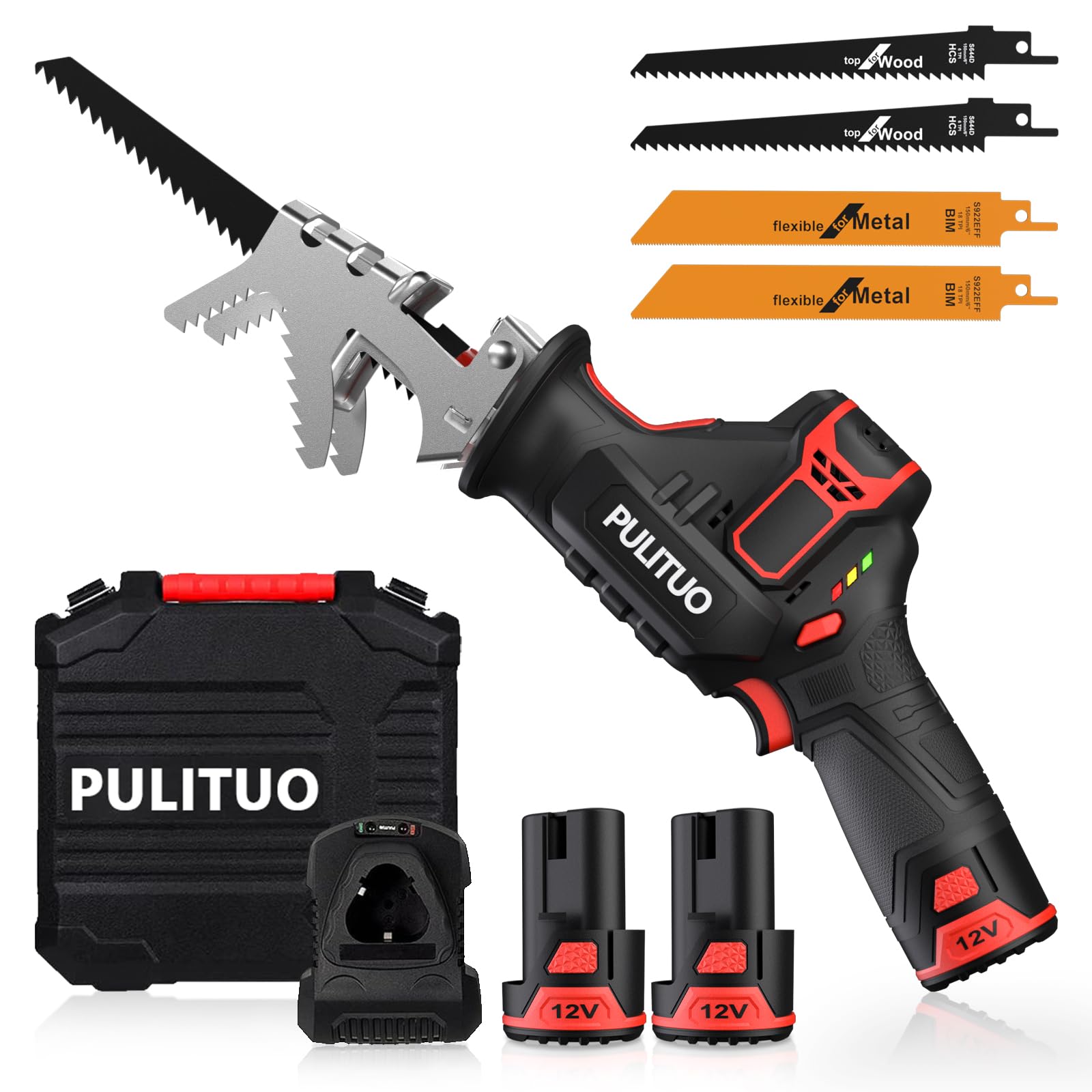 PULITUO Reciprocating Saw Cordless, Power Reciprocating Saws Compact Design,Including 2pcs 2000mAh Li-Ion battery, 1-Hour Fast Charger, Clamp Jaw, 4pcs of Saw Blades for Wood/Metal/PVC
