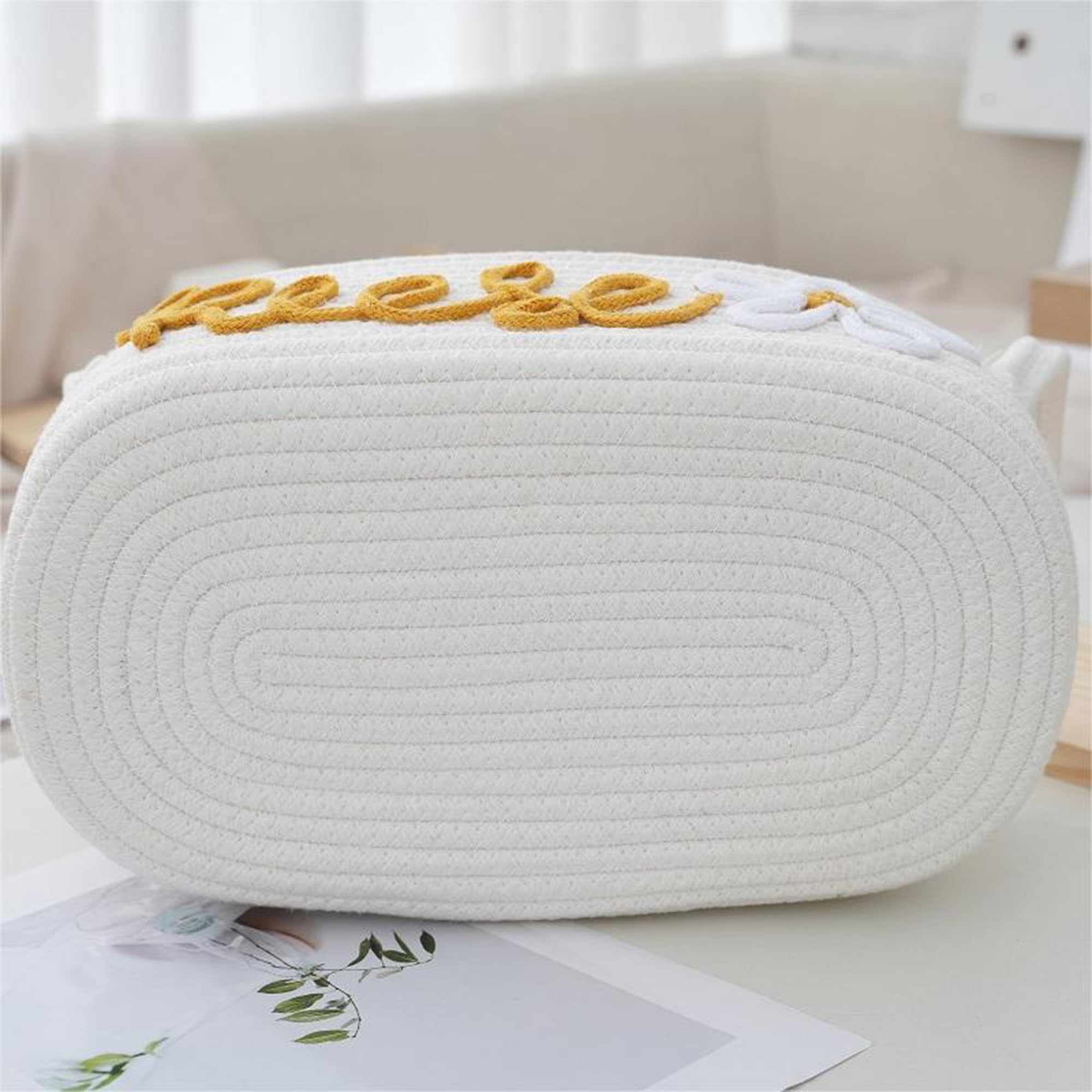 Custom Baby Name Clothes Baskets,Personalized Cute Woven Diaper Basket for newborn,Cotton Round organizer (White)