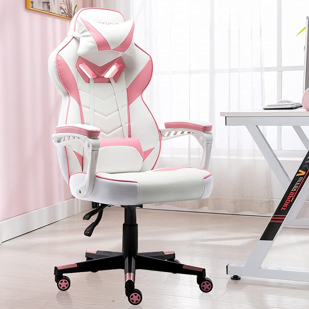 Bonzy Home Gaming Chair Office Chair High Back Computer Chair PU Leather Desk Chair PC Racing Executive Ergonomic Adjustable Swivel Task Chair with Headrest and Lumbar Support (Pink)