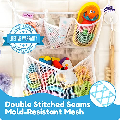 Original Tub Cubby Bath Toy Storage - Hanging Bath Toy Holder, with Suction & Adhesive Hooks, 14"x20" Mesh Net Shower Caddy for Kids Bathroom Decor, Bedroom & Car Toy Organizer - Bonus Rubber Duck & Hooks