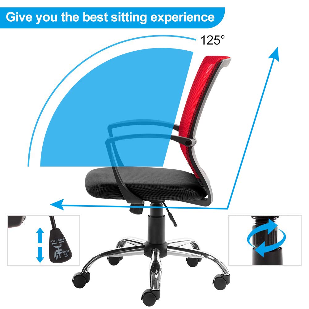 Bonzy Home Mid Back Office Chair - Lumbar Support Computer Chair - Ergonomic Mesh Desk Chair - Modern Adjustable Rolling Swivel Chair (Red & Black)