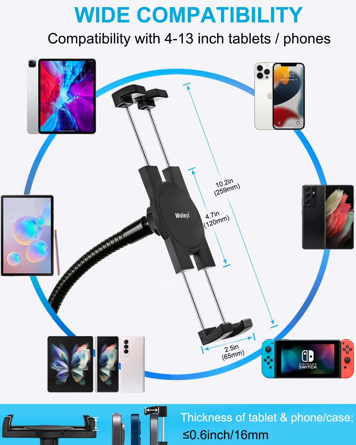 Gooseneck Tablet Mic Stand, woleyi Phone iPad Holder for Microphone Stand [Metal Arm Clamp] 360° Swivel Tablets Music Mount, Compatible with iPad Pro 12.9 Air Mini, iPhone, Galaxy Tabs, 4-13" Devices