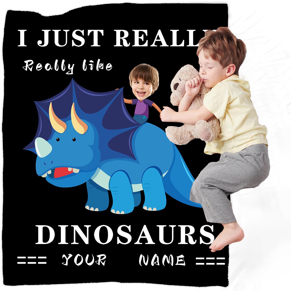 Custom Dinosaur Blanket for Boys Personalized Dinosaur Blankets with Photos and Names(B)