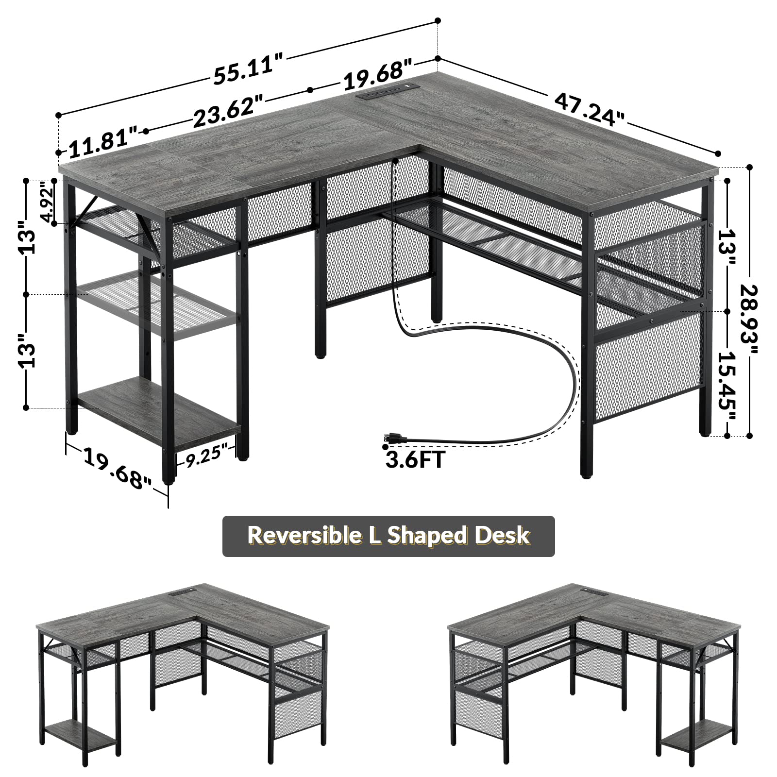 Unikito L Shaped Corner Computer Desk with USB Charging Port and Power Outlet, Storage Shelves, Reversible, Industrial 2 Person Gaming Table Modern Home Office Desks, White Oak