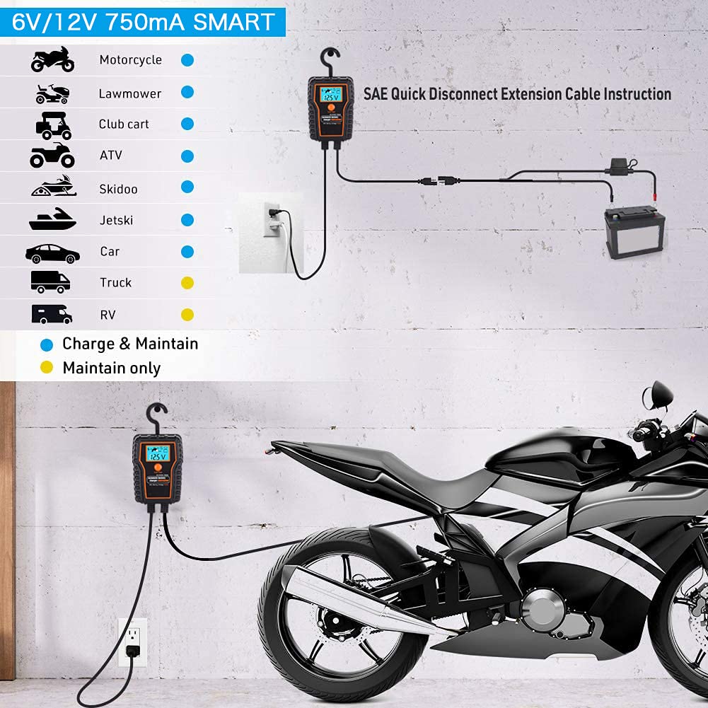 Automotic Battery Trickle Charger Maintainer 12 Volt 750mA Battery Float Charger Maintainer with LCD Float Charging for Motorcycle ATV Lawn Mower Car Boat