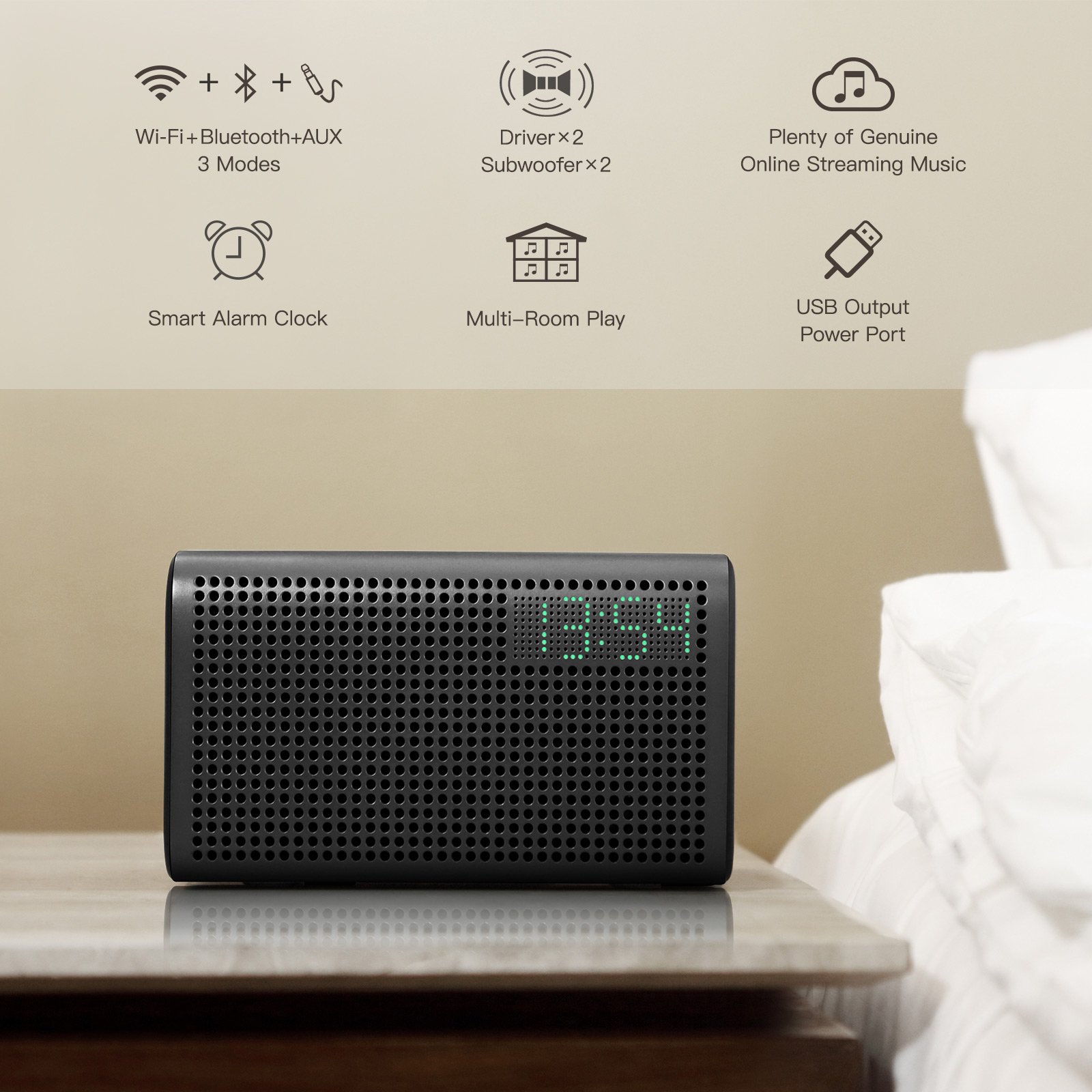 XtremeMac GGMM E3 (Wireless Bluetooth + Wi-Fi Speaker with Clock) Gray ES-201-6, Clear