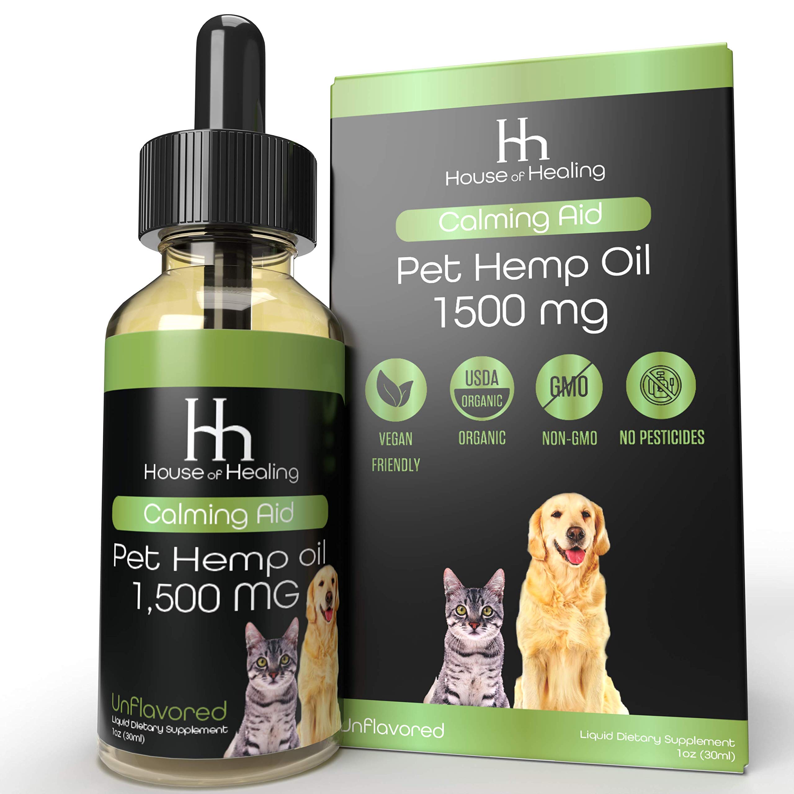 House of Healing Hemp Oil Calming Aid for Dogs & Cats :: 1,500mg 1oz :: Hemp Extract for Pets :: Rich in Omega 3,6,9 :: Supports Hip & Joint Health, Natural Relief for Pain, Separation and More