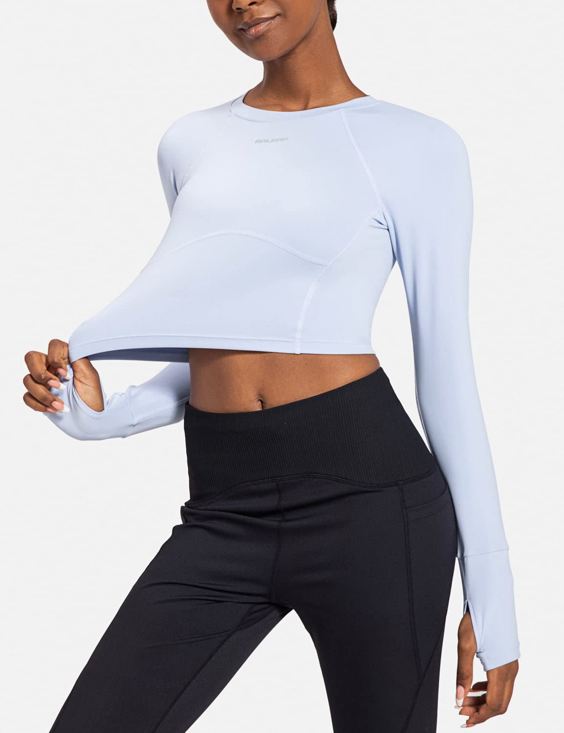 BALEAF Women's Long Sleeve Crop Top Workout Athletic Shirt Running Top Slim Fit Black M