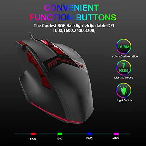 Ruiqas Wired Mouse 10 Buttons Optical Gaming Mouse with RGB Light 1000/1600/ 2400/ 3200DPI Weight Tuning for PC Computer Laptop