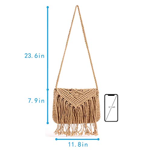 Meyaus Women Small Fringed Cotton Crochet Cross-body Bag Bohemian Shoulder Bag Purse