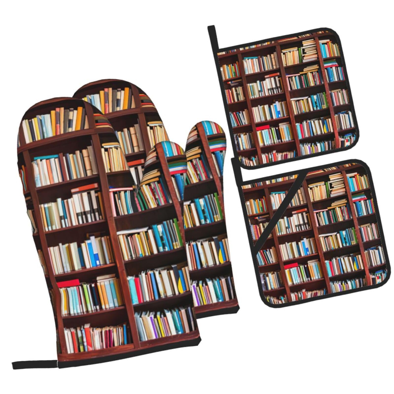 Books Kitchen Baking 4-Piece Set–Heat Resistant Oven Mitts and Pot Holders Kitchen Hot Pads
