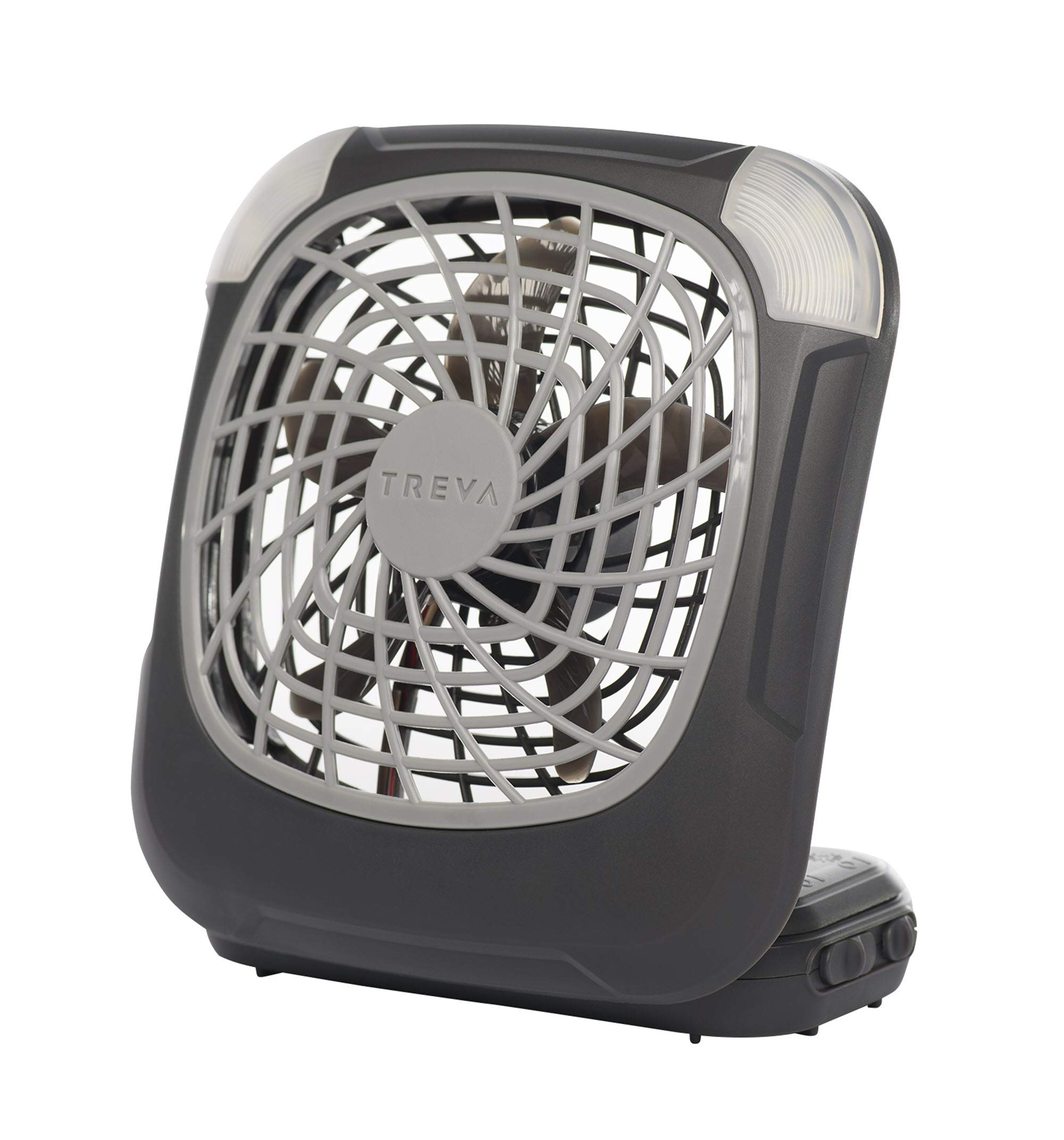 Treva 5 Inch Battery Powered Fan With LED Lights, Portable Desk Fan with 2 Cooling Speeds, Folding & Tilt Design Small Cubicle Accessories (Grey)