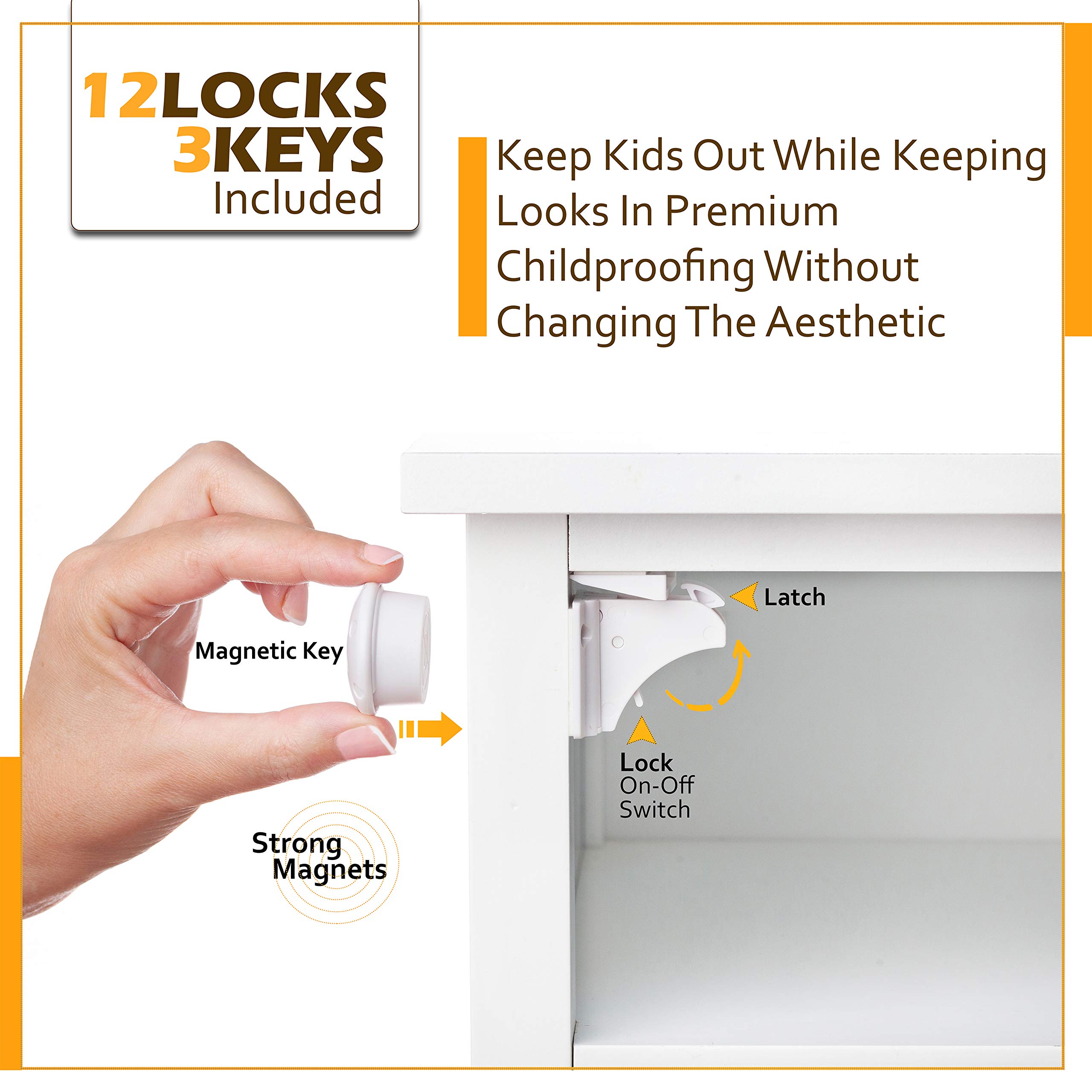 Baby Proofing, Magnetic Cabinet Locks Child Safety 3 Keys β 12 Pack Cabinet Locks for Babies Cupboards & Drawers Latches Adhesive Easy Installation by Babydil