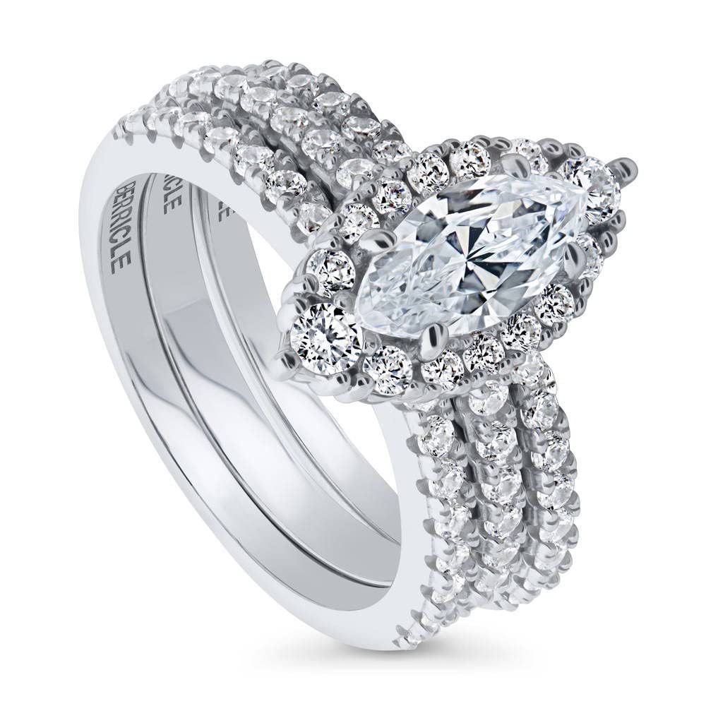 BERRICLE Sterling Silver Halo Wedding Engagement Rings Marquise Cut Cubic Zirconia CZ Ring Set for Women, Rhodium Plated Size 8